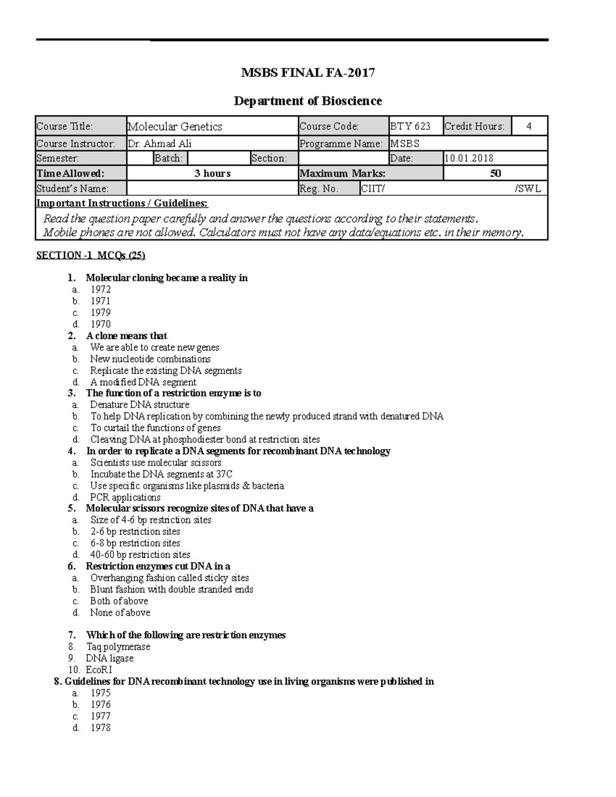 FINAL 10 January 2018, questions - MSBS FINAL FA-2017 Department of ...