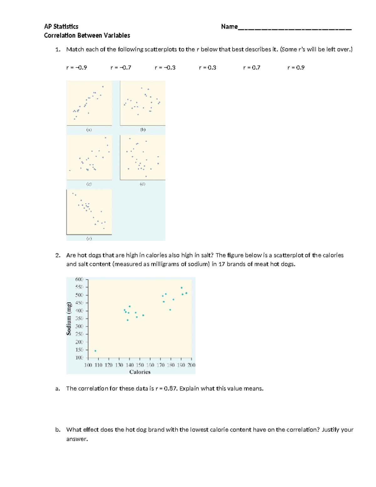 Correlation Between Variables - AP Statistics Name ...