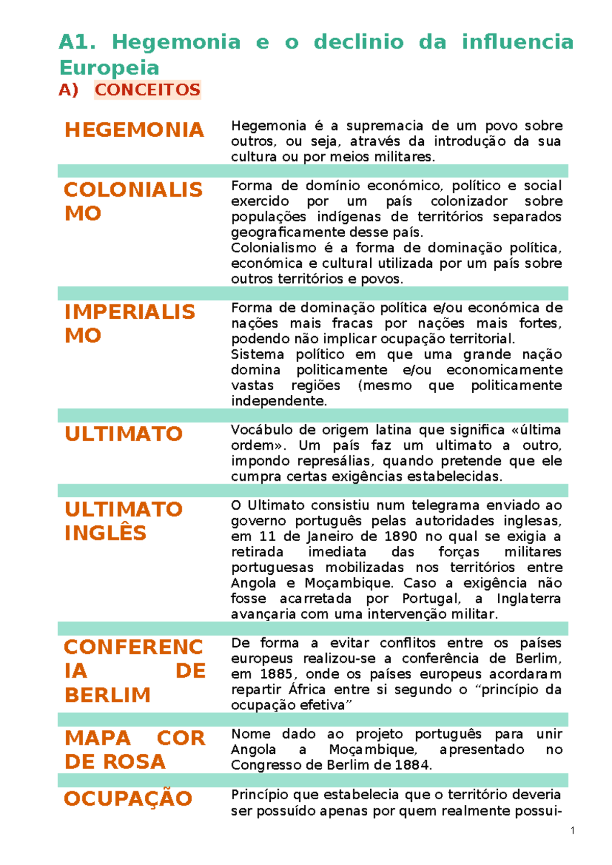 A1 - Hegemonia e declinio da Influencia Europeia - Europeia A ...