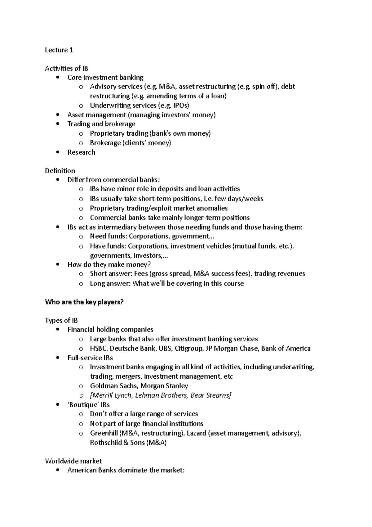 IB lecture 1 notes - Lecture 1 Activities of IB Core investment banking ...