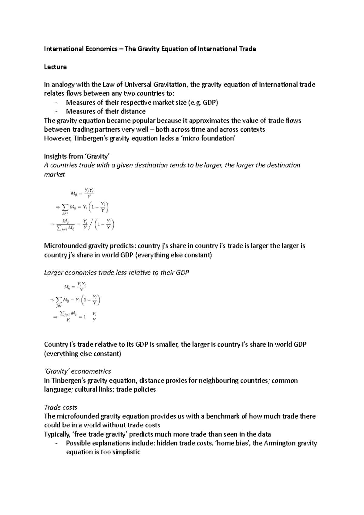 Gravity Equation - GDP) - Measures of their distance The gravity ...