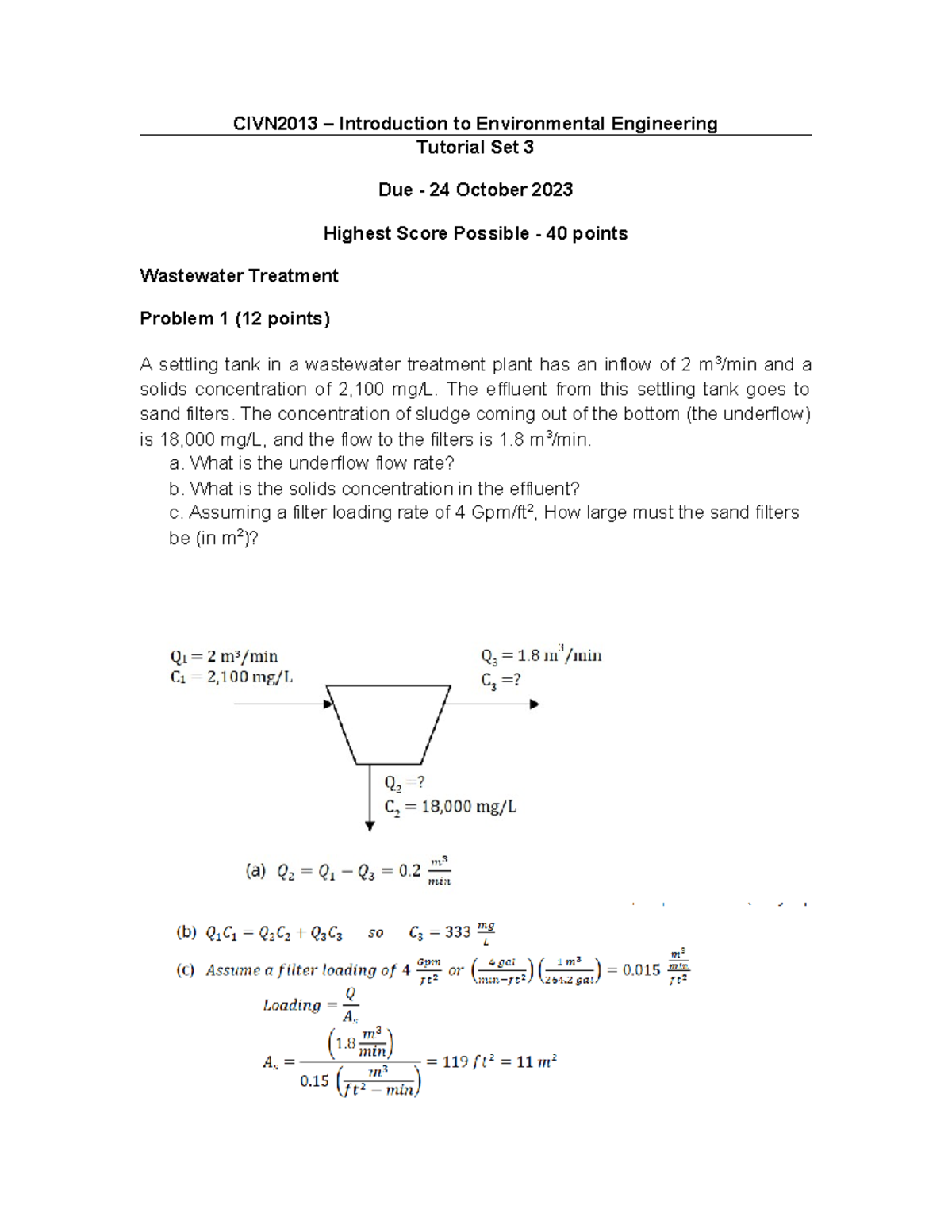 Tutorial Set 3 Model Solution - CIVN2013 – Introduction to Environmental Engineering Tutorial ...