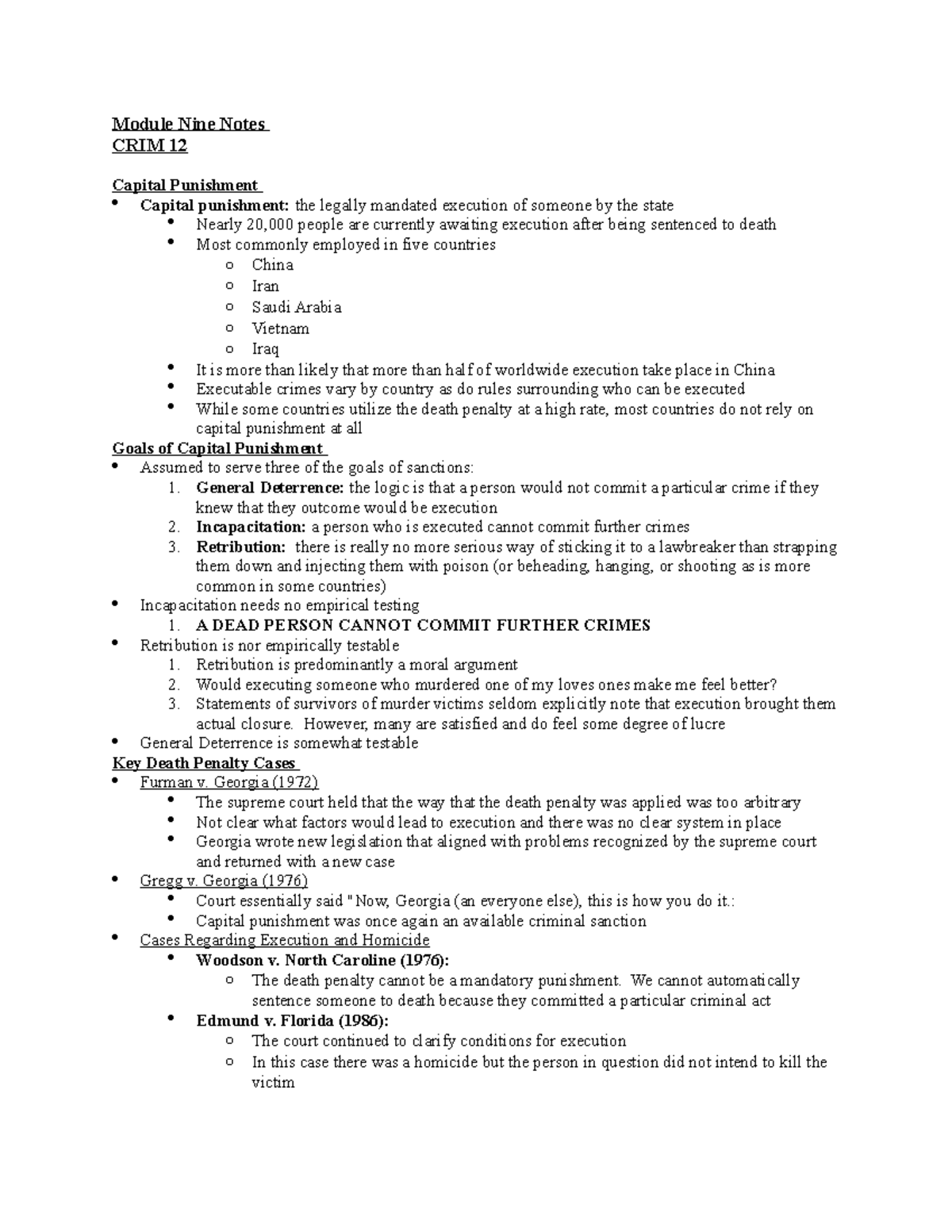 Module Nine Notes - Module Nine Notes CRIM 12 Capital Punishment ...