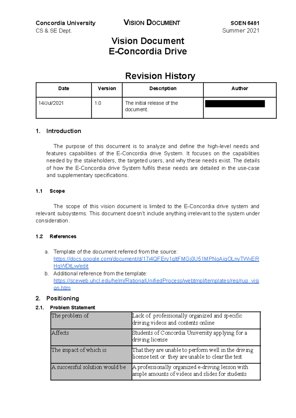 D1 40155323 vision document - CS & SE Dept. Summer 2021 Vision Document ...