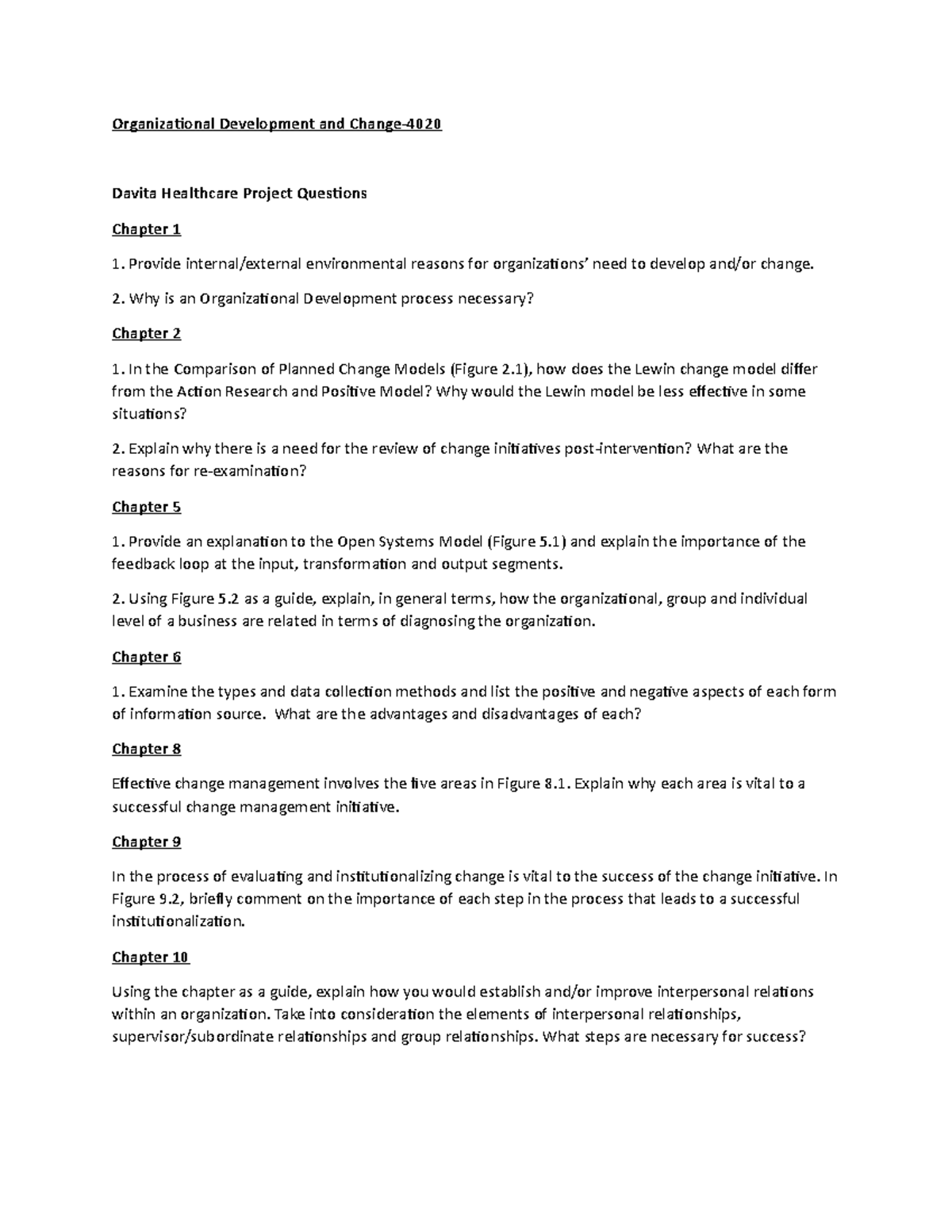 Davita chapter questions - MGMT 4020 - ETSU - Studocu