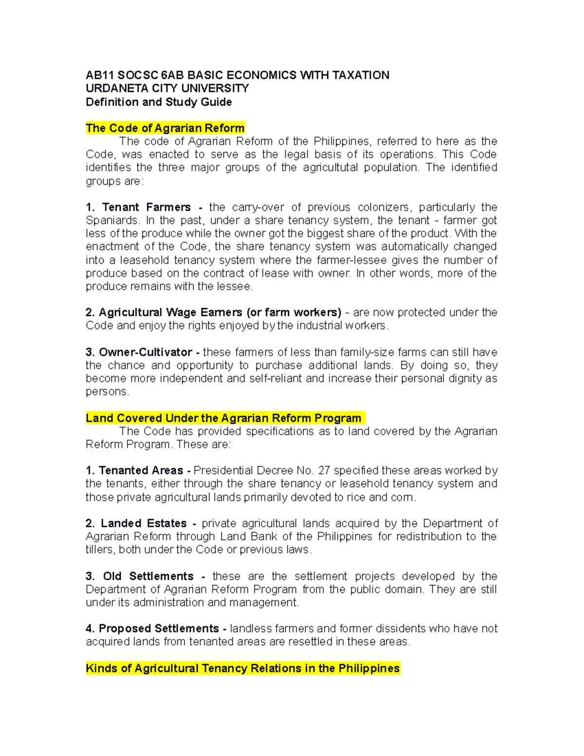 THE CODE OF Agrarian Reform AND MORE - AB11 SOCSC 6AB BASIC ECONOMICS ...