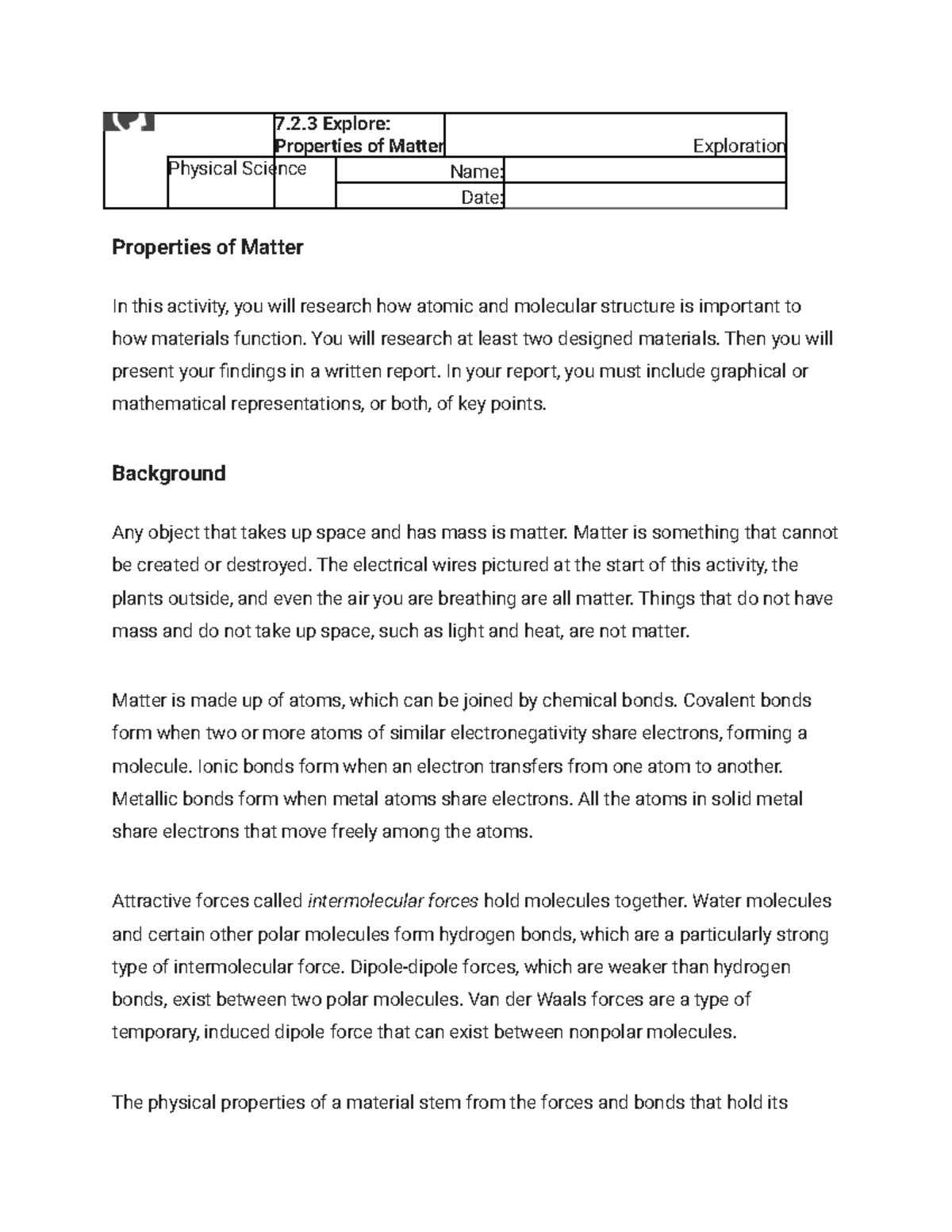 7.2.3 Explore - Properties of Matter (Exploration) - 7.2 Explore ...