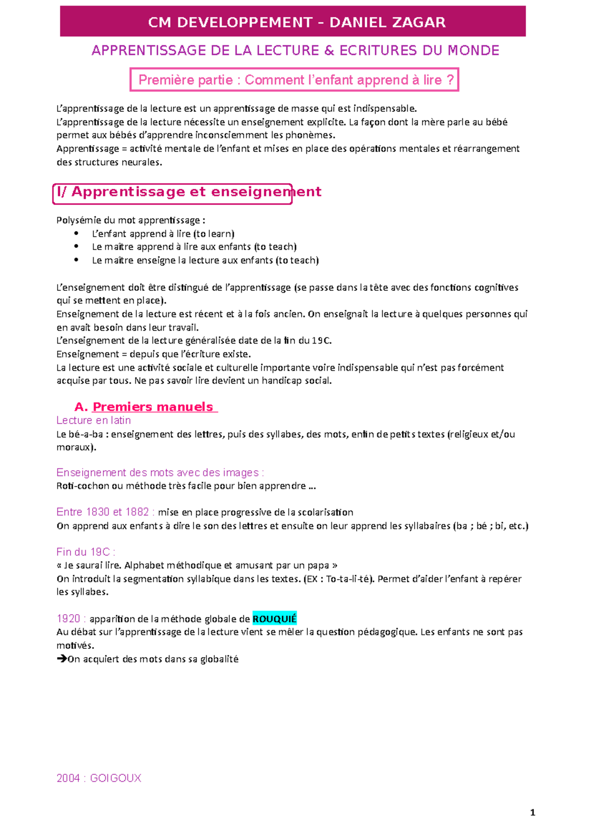 CM Développement - Daniel Zagar - APPRENTISSAGE DE LA LECTURE ...