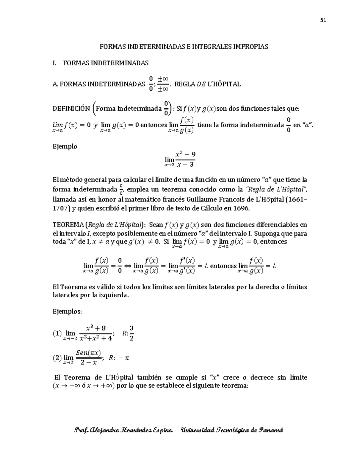 Formas Indeterminadas e Integrales Impropias (Teoría) - calculo 2 - UTP ...