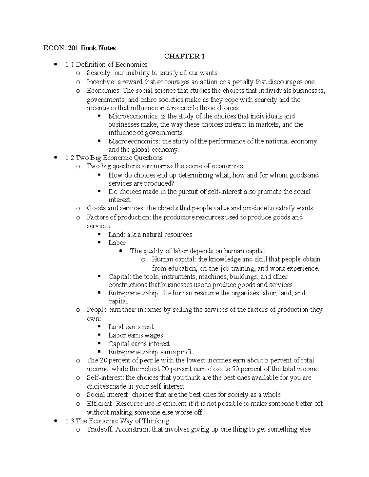 Econ. Book Notes - Bill Even - ECON. 201 Book Notes CHAPTER 1 1 ...