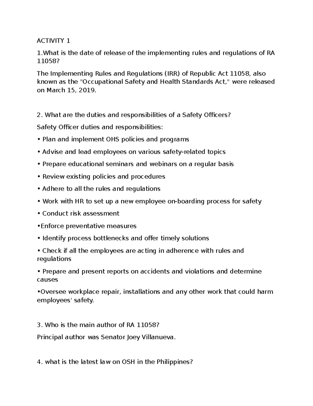 RA 11058 - ACTIVITY 1 1 is the date of release of the implementing ...