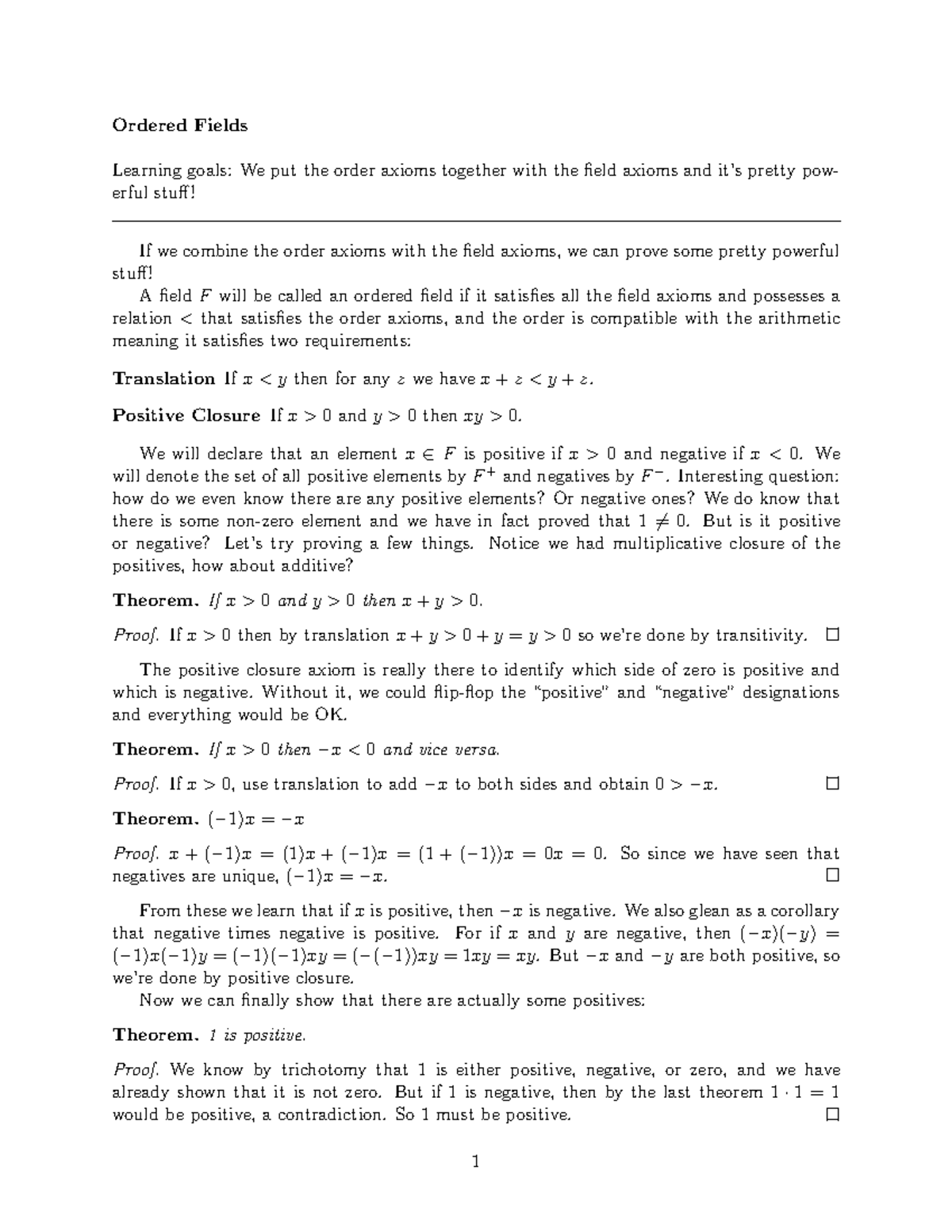 09 Ordered Fields - Ordered Fields Learning goals: We put the order ...