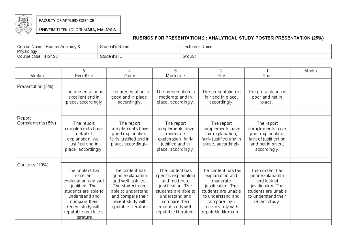 Rubrics FOR Analytical Study Presentation - FACULTY OF APPLIED SCIENCE ...