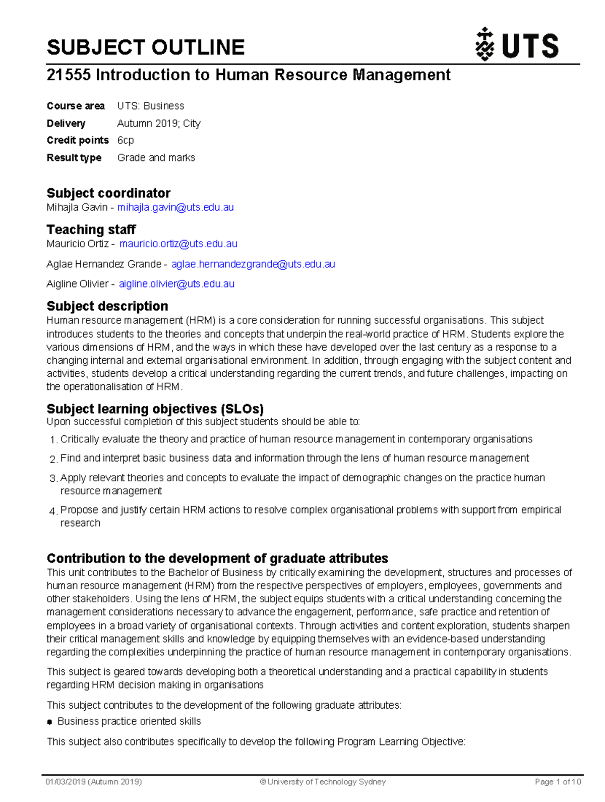 HR Subject Outline - SUBJECT OUTLINE Introduction to Human Resource ...
