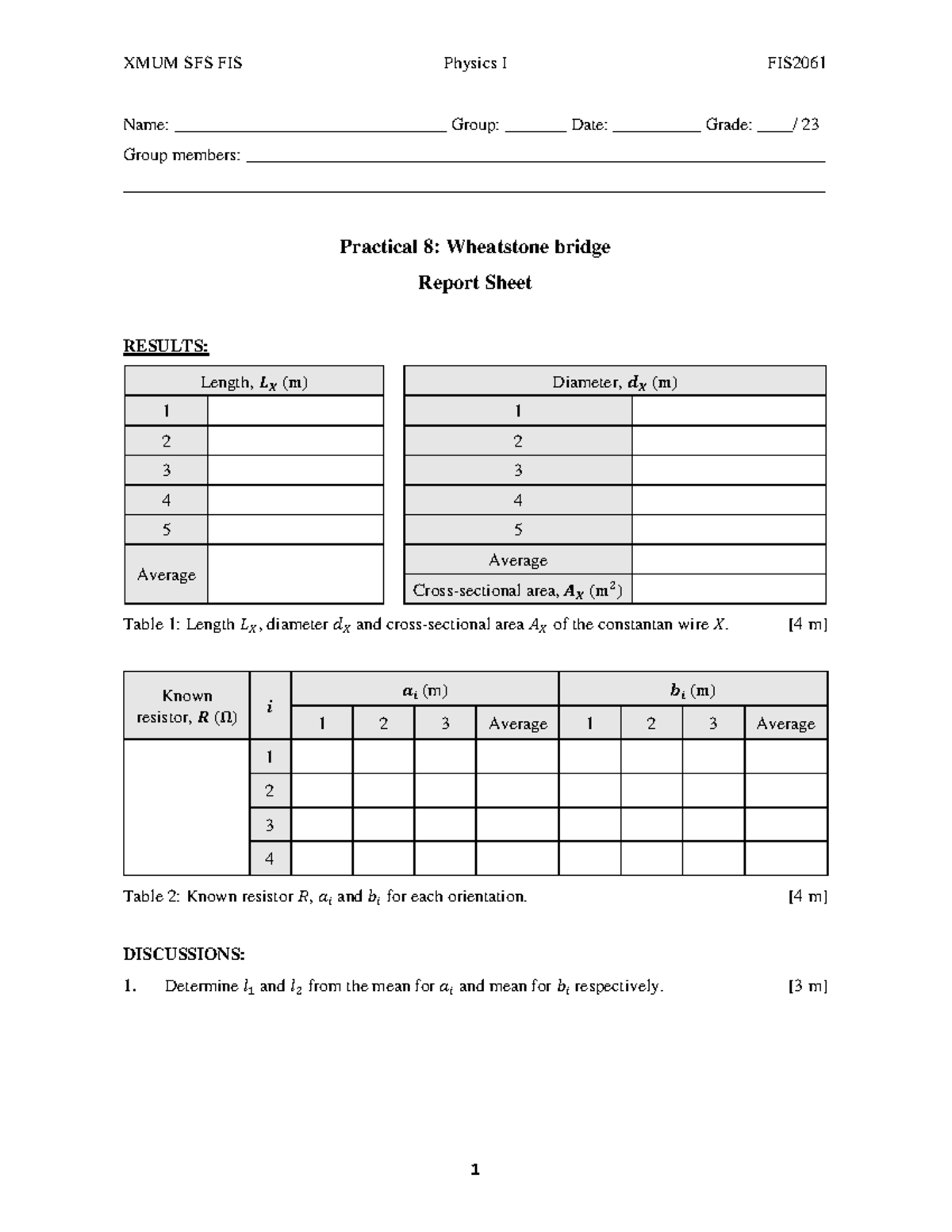 ( Report Sheet) Practical 8 Wheatstone bridge ...