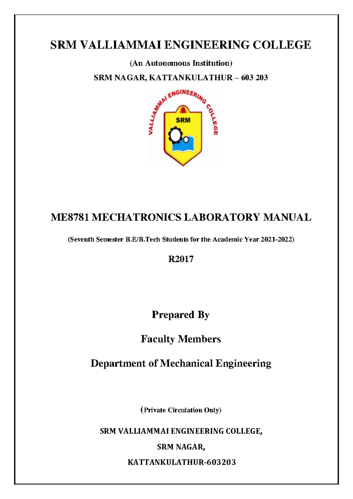 Me8781-mechatronics-laboratory - SRM VALLIAMMAI ENGINEERING COLLEGE (An ...