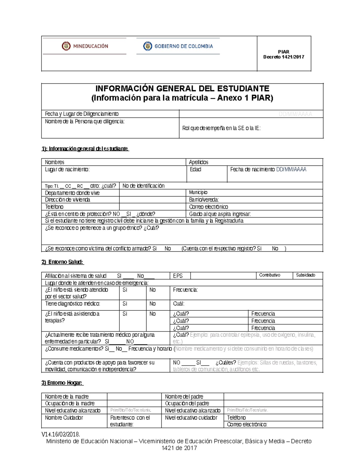 Formato PIAR - PIAR - Decreto 1421/ INFORMACIÓN GENERAL DEL ESTUDIANTE ...