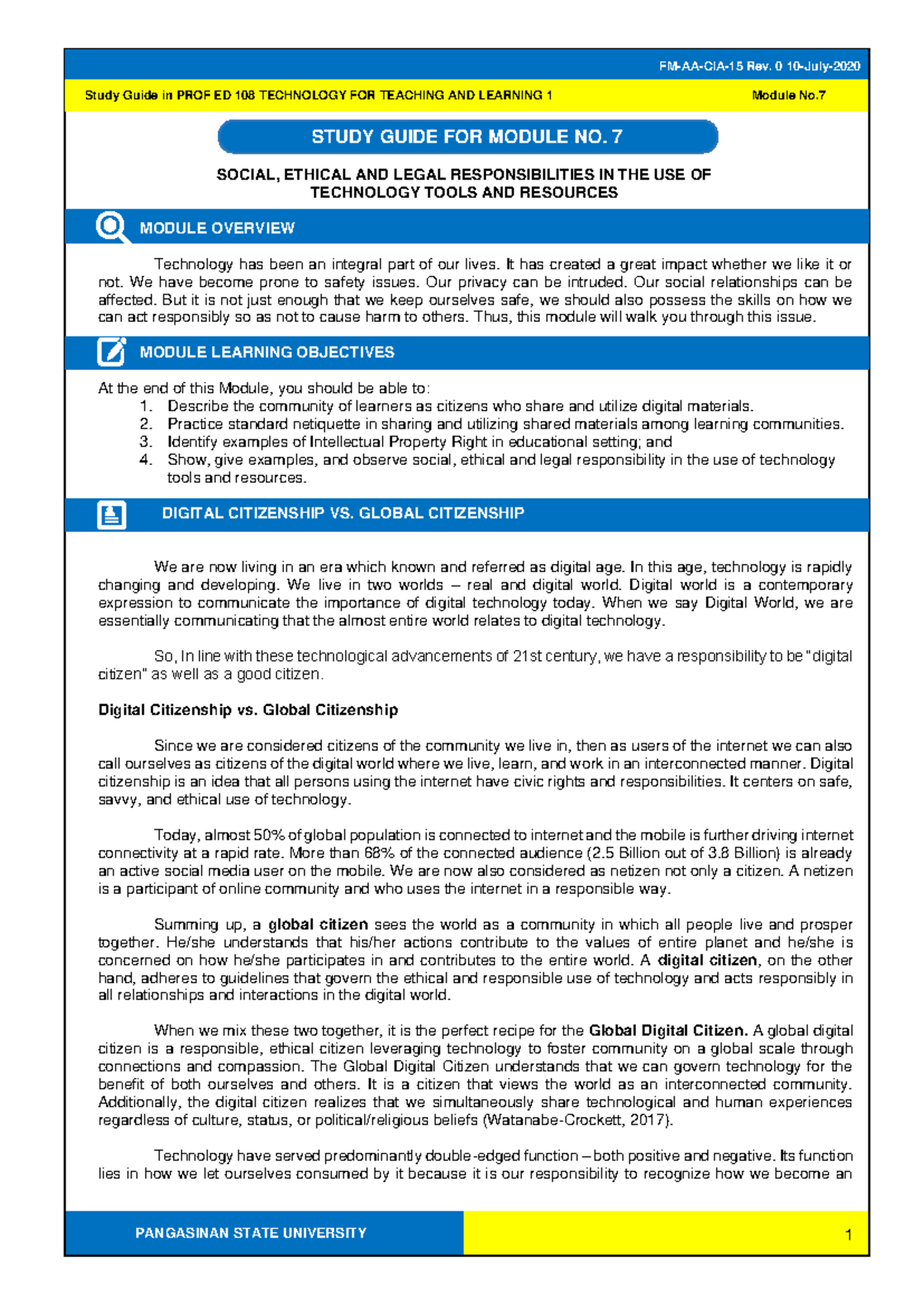 SG-7 - Study Guide in PROF ED 108 TECHNOLOGY FOR TEACHING AND LEARNING 1 Module No. PANGASINAN ...