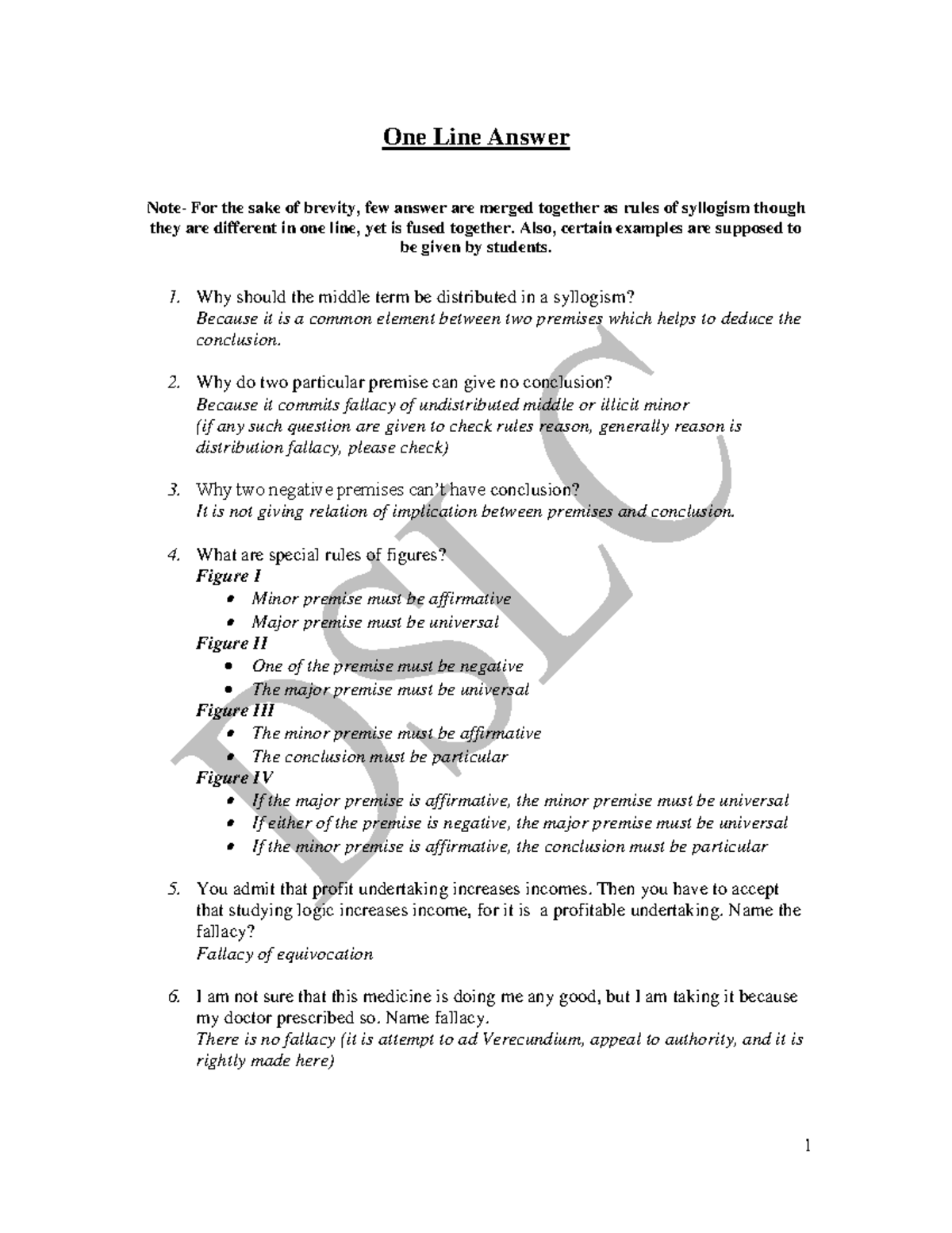 One Line Answer Logic 2 - One Line Answer Note- For the sake of brevity ...