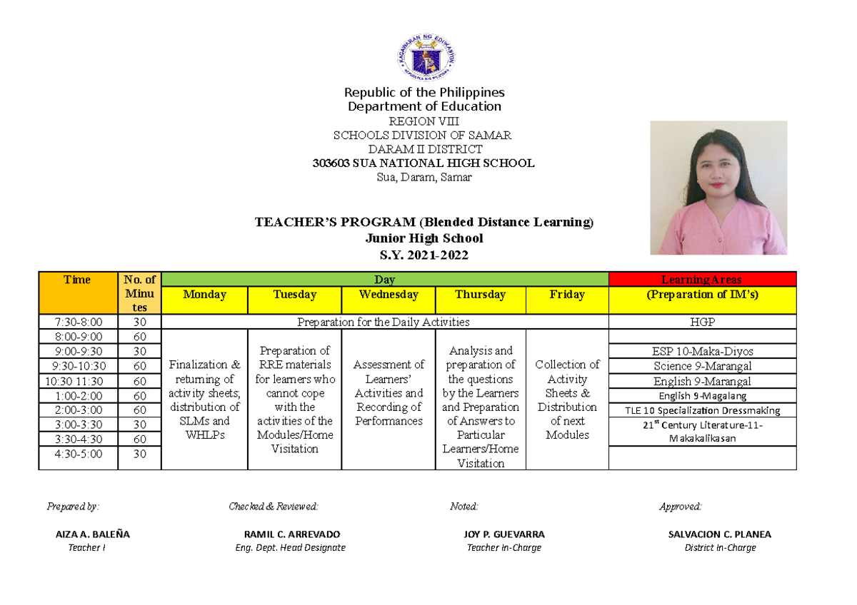 Teacher's Program-balena - Republic of the Philippines Department of ...