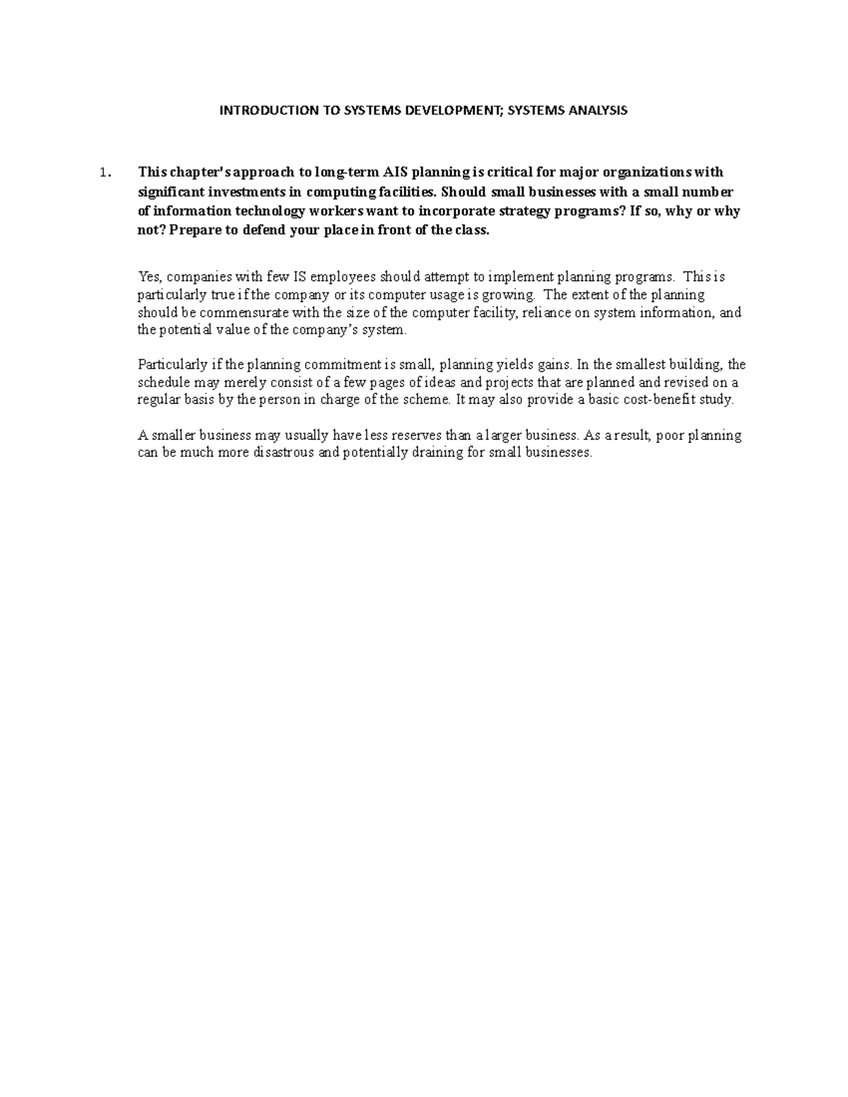 AIS655- Tuto Chapter 1 part 1 - INTRODUCTION TO SYSTEMS DEVELOPMENT; SYSTEMS ANALYSIS This ...