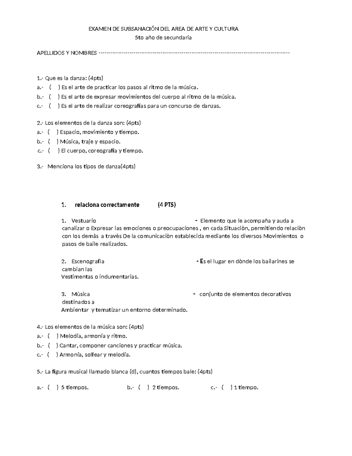 Examen DE Recuperacion ARTE Y Cultura 5to año de secundaria - EXAMEN DE ...