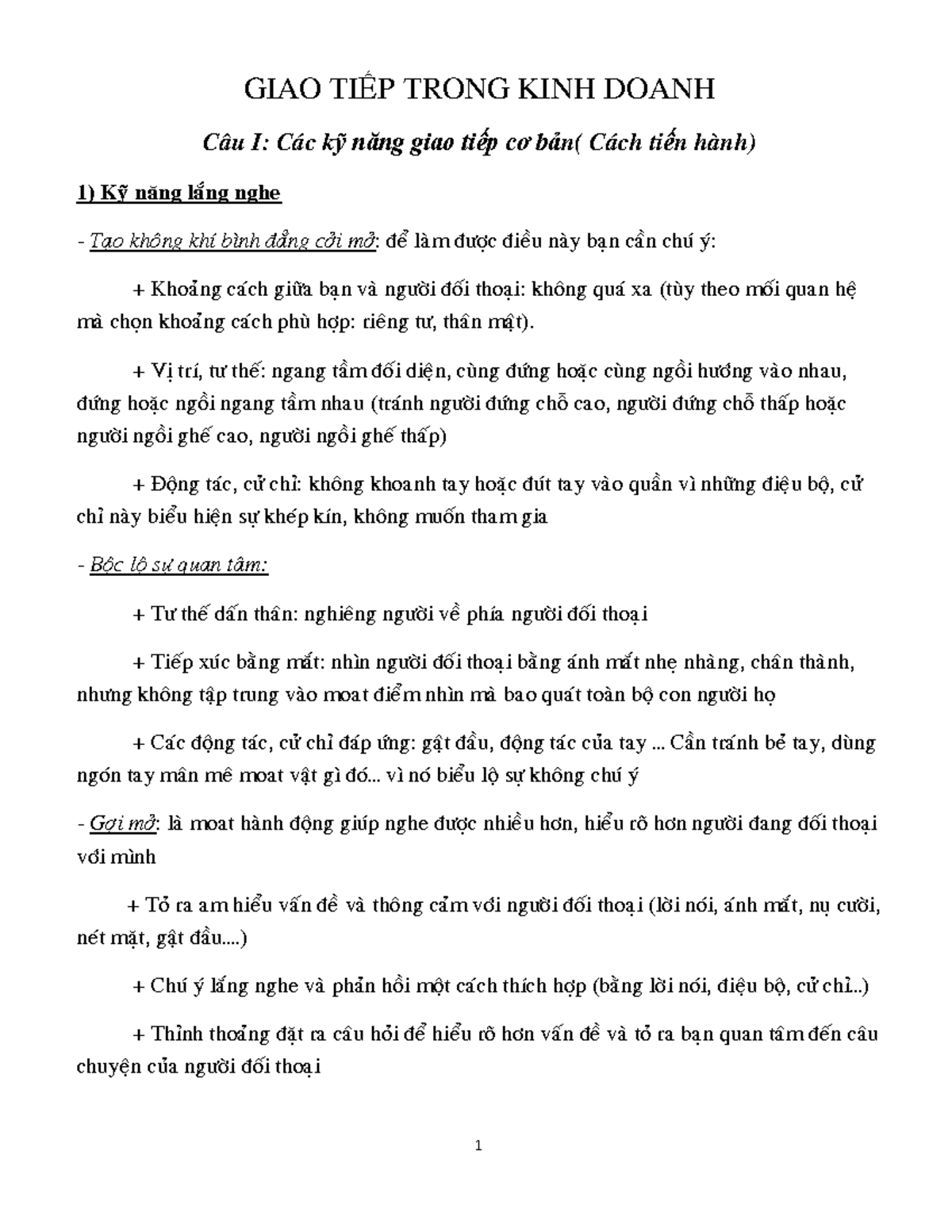 Giao ti Ếp trong kinh doanh - GIAO TIẾP TRONG KINH DOANH Câu I: Các kỹ năng giao tiếp cơ bản ...