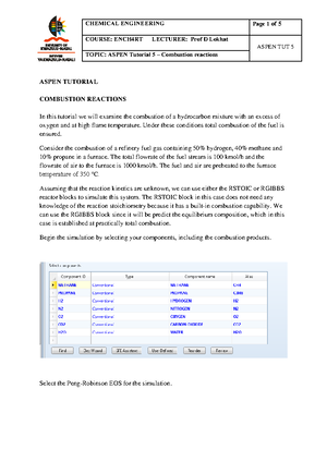 Aspen Tutorial 6 2022 - Doc - COURSE: ENCH4RT LECTURER: Prof D Lokhat ...