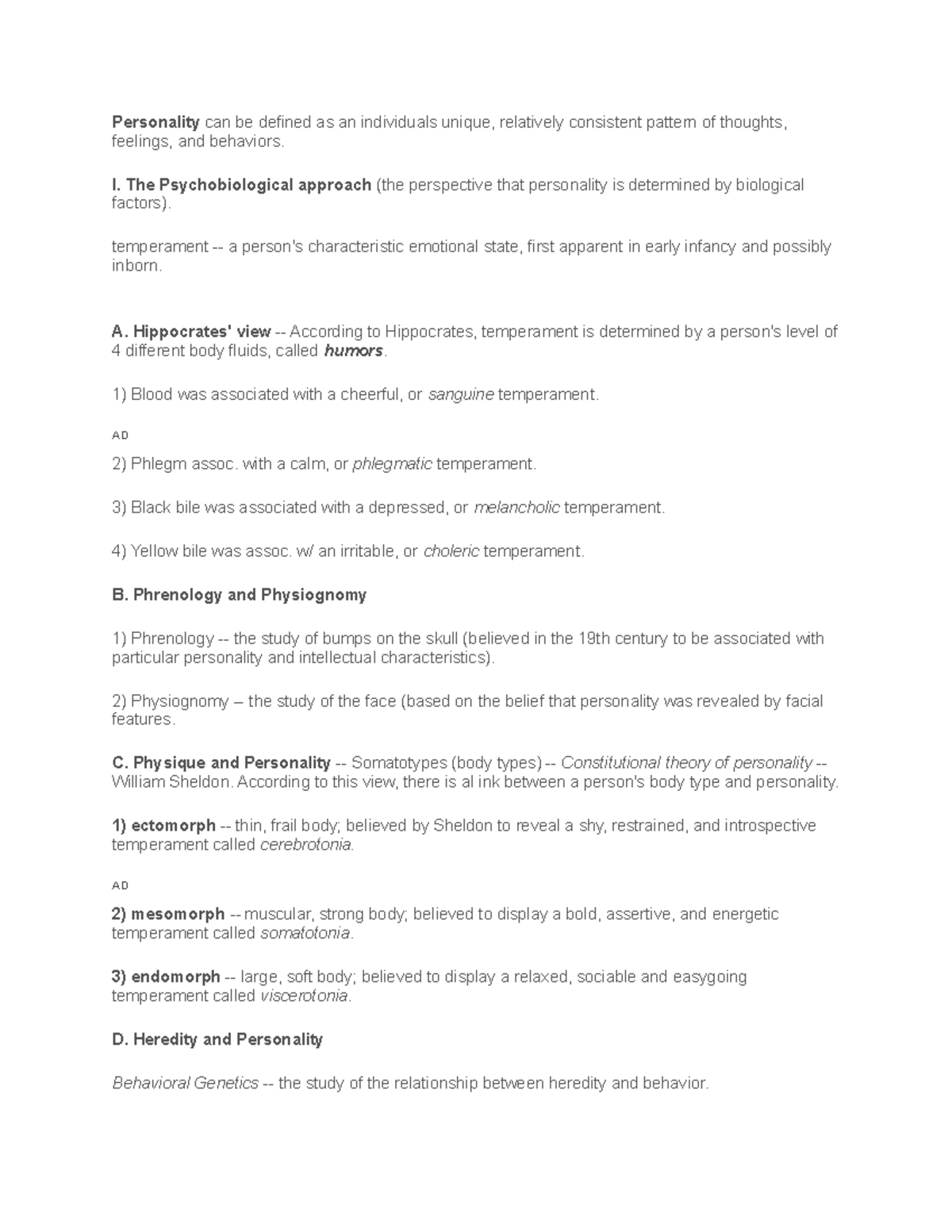 Personality - I. The Psychobiological approach (the perspective that ...