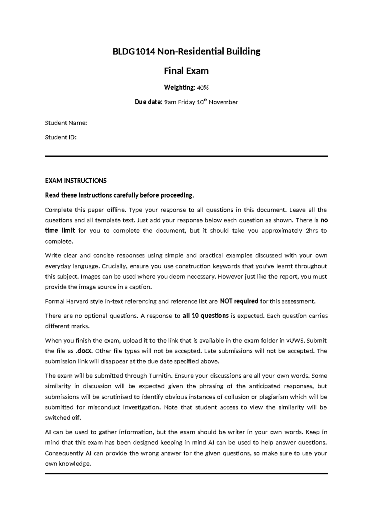 BLDG1014 Non-Residential Building Exam 2023 - BLDG1014 Non-Residential ...