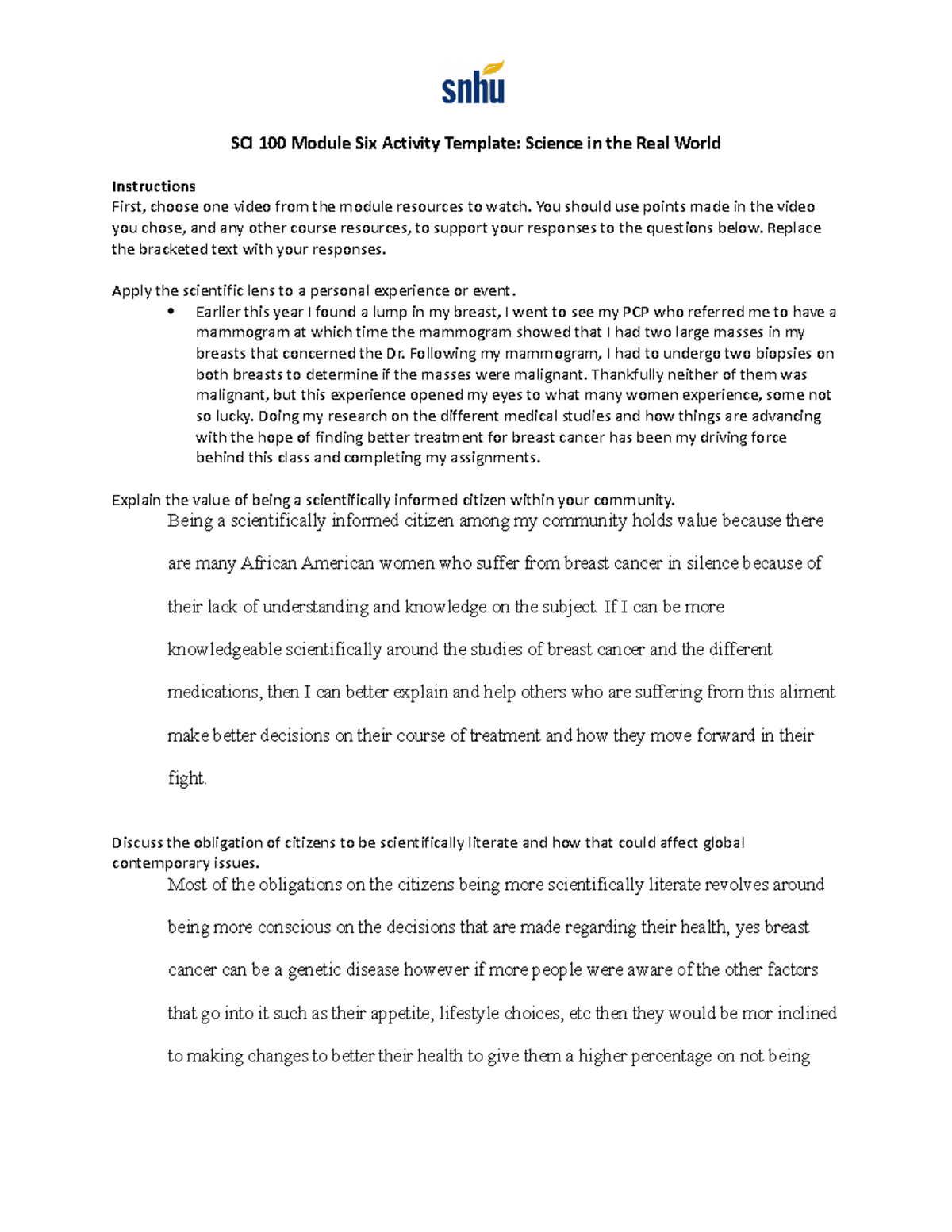 SCI 100 Module Six Activity Template - You should use points made in ...