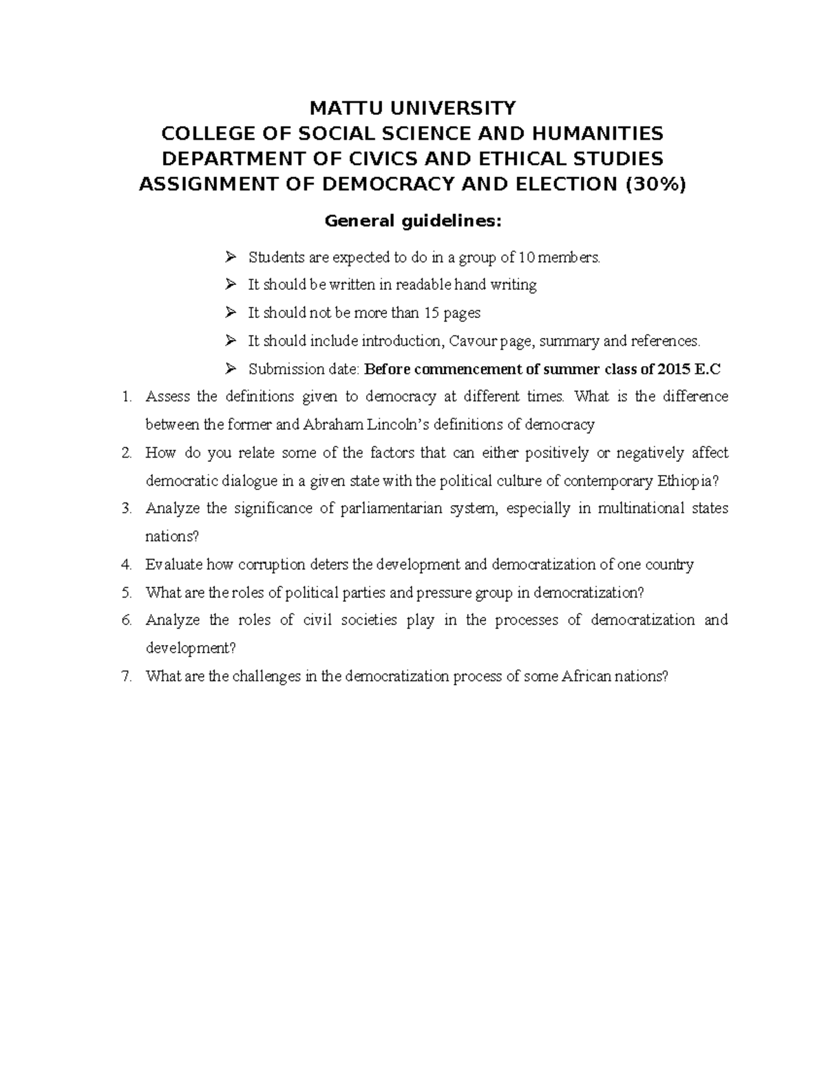 Democracy Assignment for summer 2015 - MATTU UNIVERSITY COLLEGE OF ...