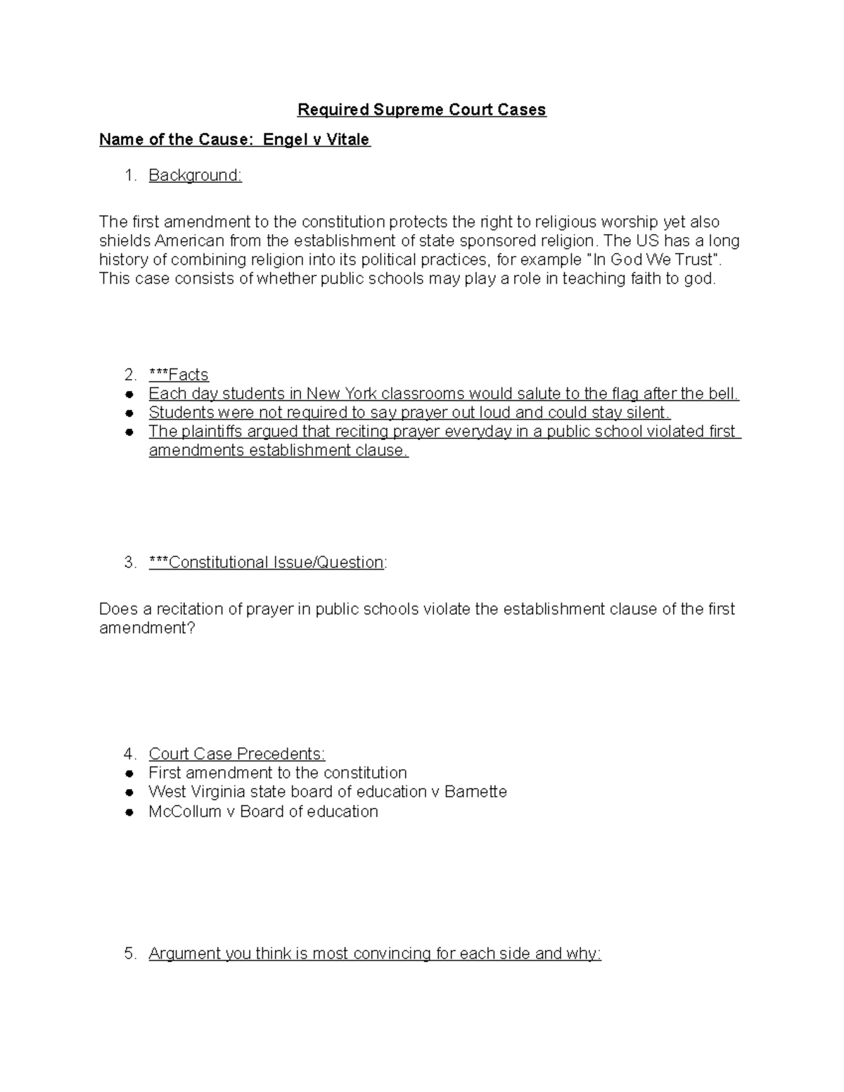 Engel V vitale - Required Supreme Court Cases Name of the Cause: Engel ...