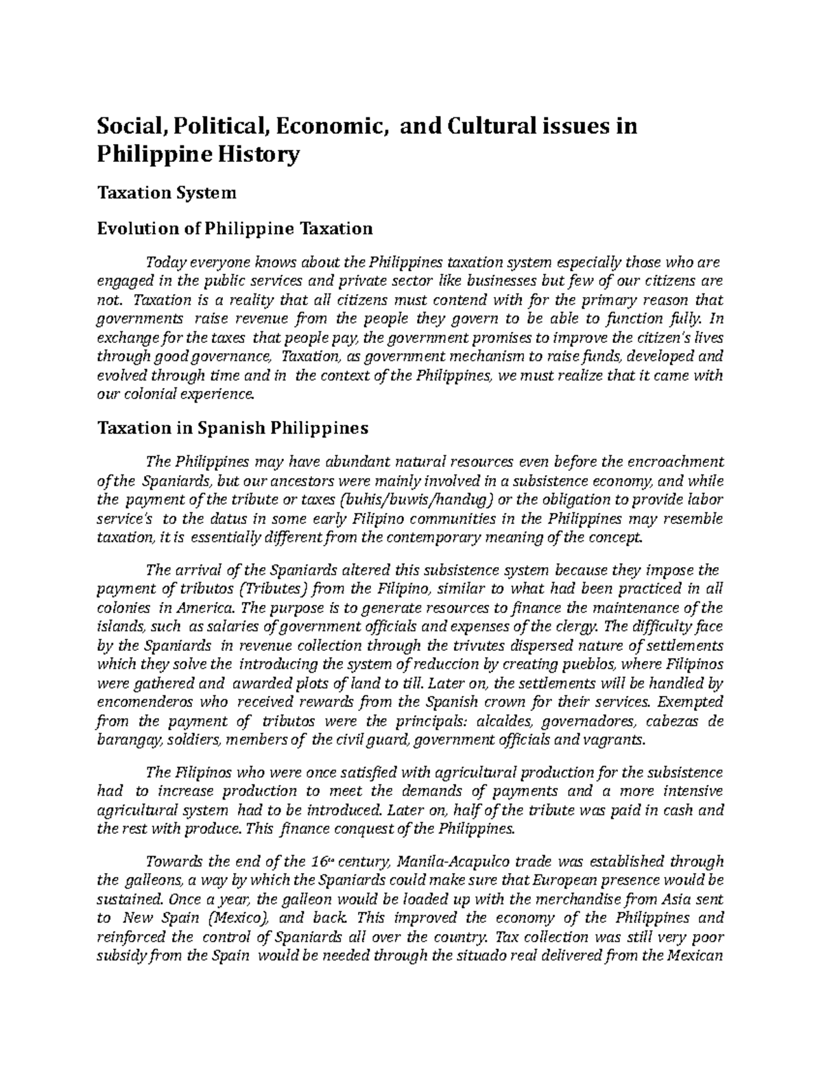 Evolution Of Philippine Taxation Reading In Philippine History