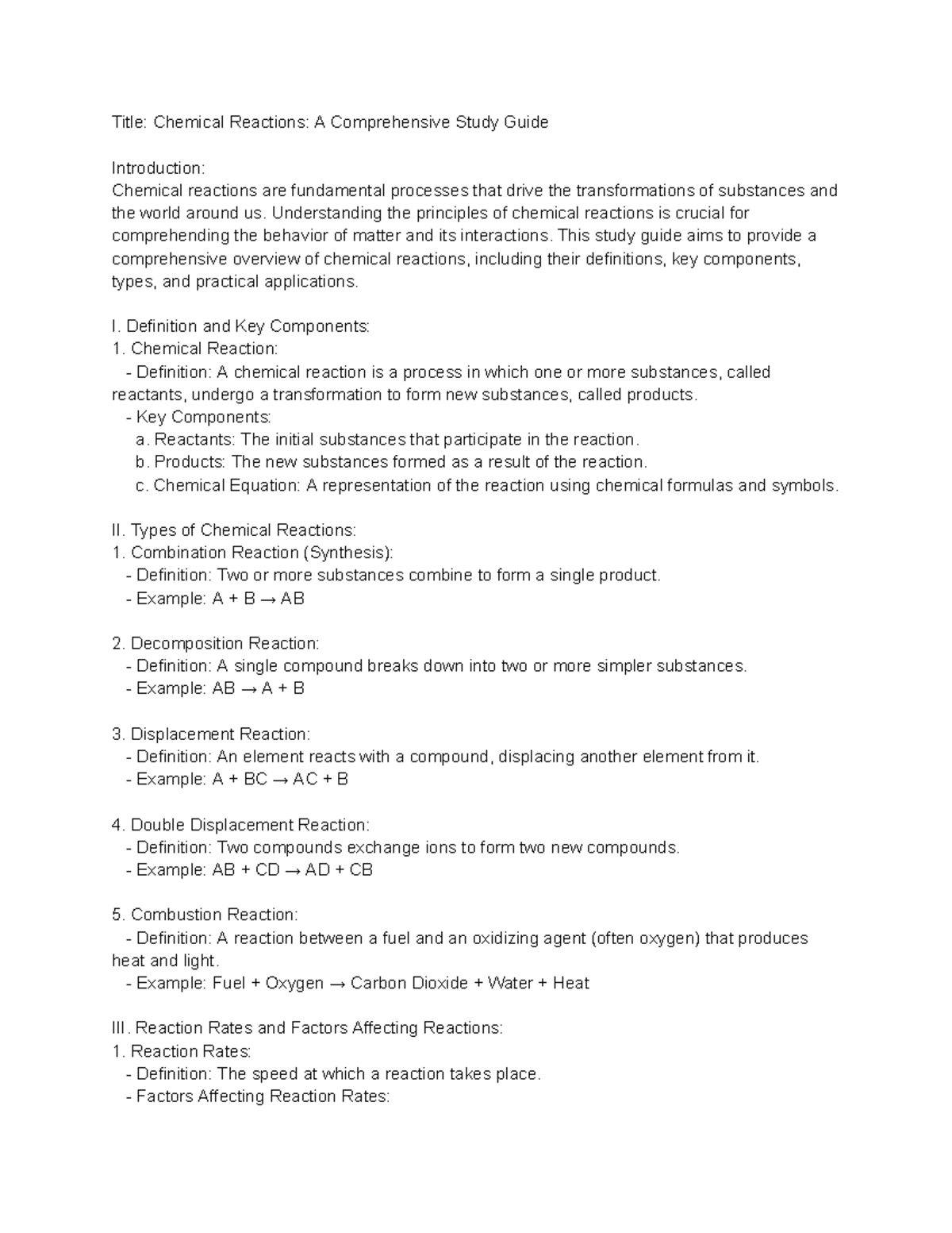 Honors Physical Science Chemistry notes (Chemical Reactions) - Title ...