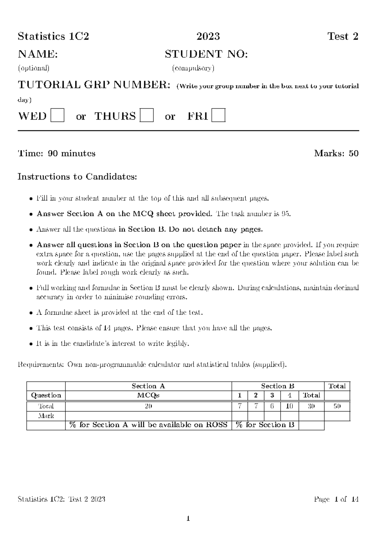 Statistics 1C2 Test 2 2023 - Statistics 1C2 2023 Test 2 NAME: STUDENT ...