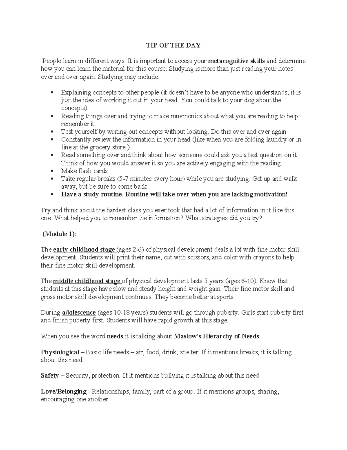 TIP OF THE DAY - Tips for modules 1-9 - TIP OF THE DAY People learn in ...