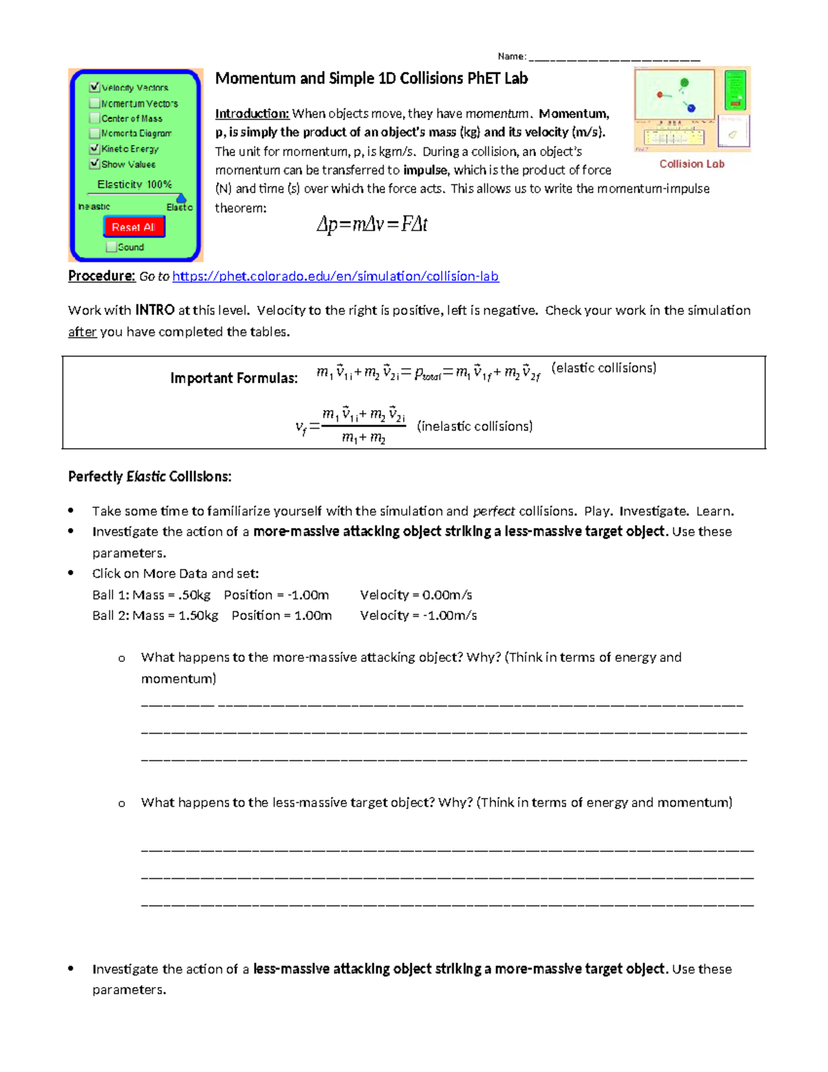 Lab 8 (Momentum and 1D collisions) - Name ...