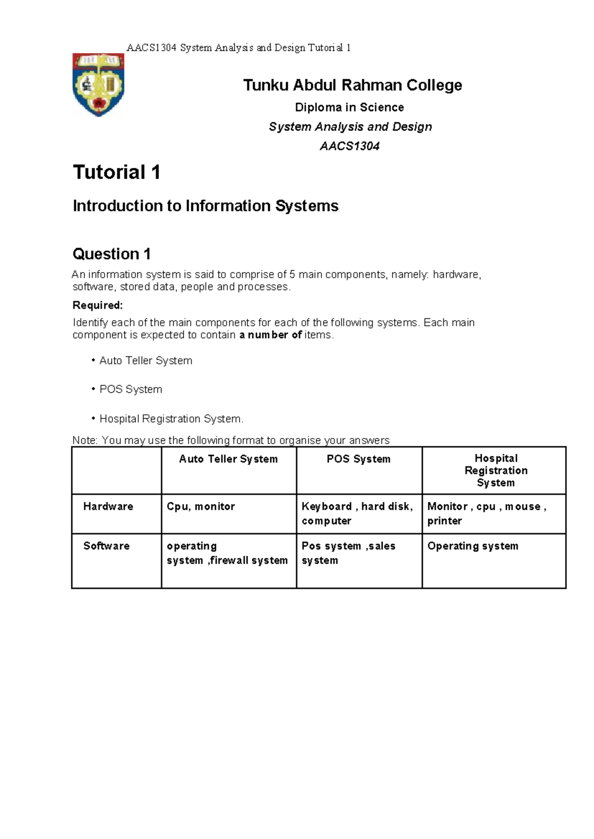 01-ADIS-Tutorial-Intro to Information Systems-Qus 202223 - AACS1304 ...