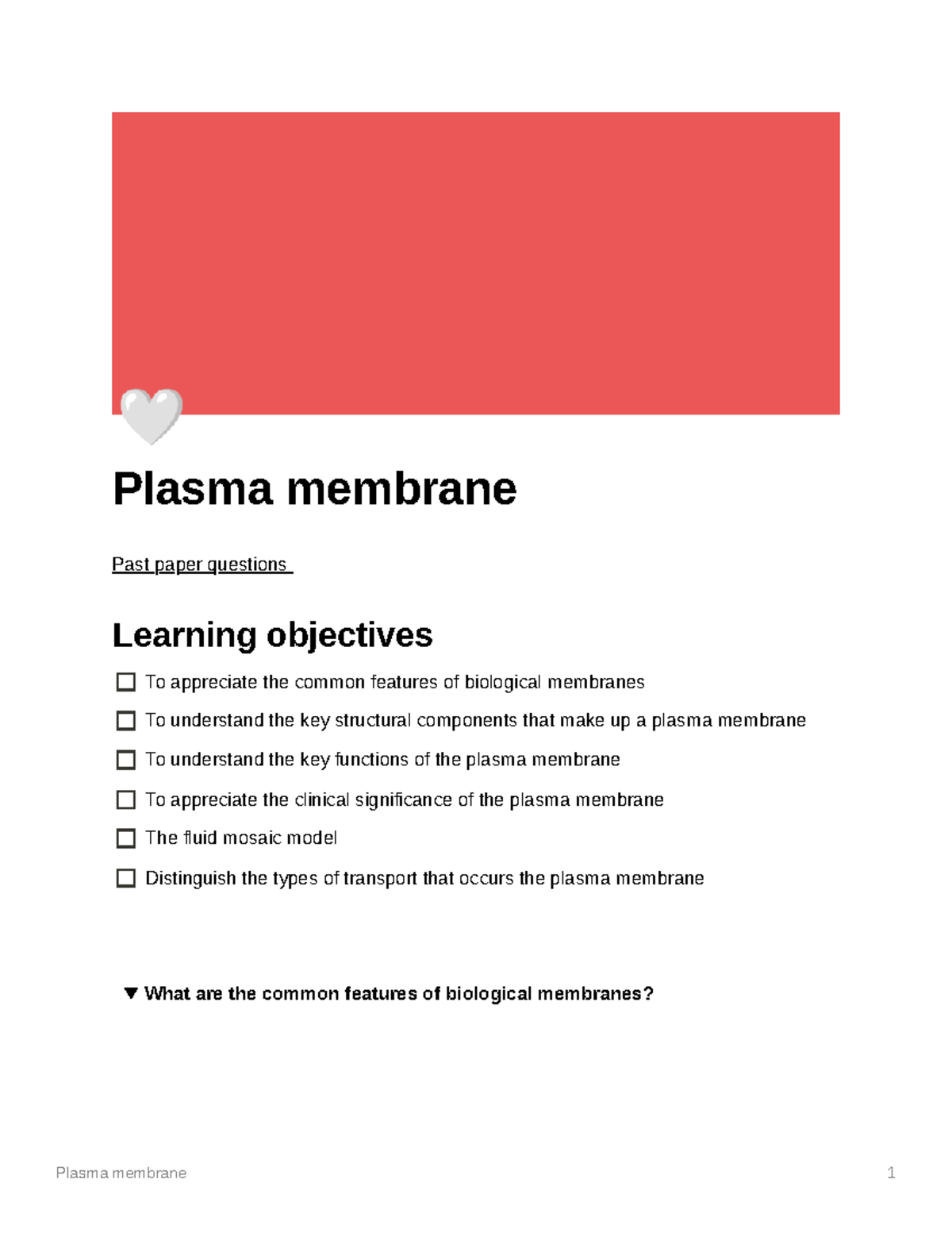 Plasma membrane lecture notes - = Plasma membrane Past paper questions ...