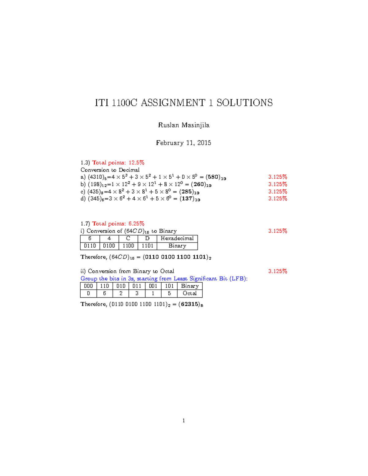 Assignment 1 solutions - ITI 1100C ASSIGNMENT 1 SOLUTIONS Ruslan Masinjila February 11, 2015 ...