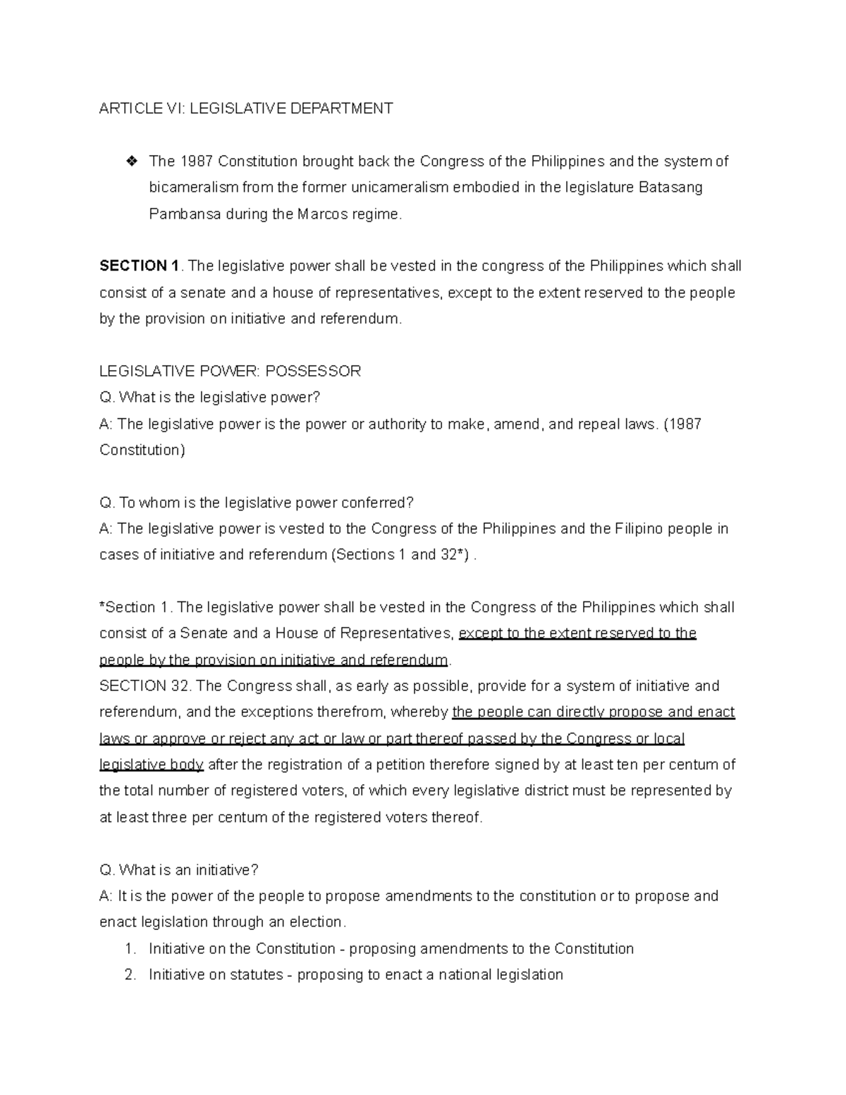 Article VI Study Notes - ARTICLE VI: LEGISLATIVE DEPARTMENT The 1987 ...