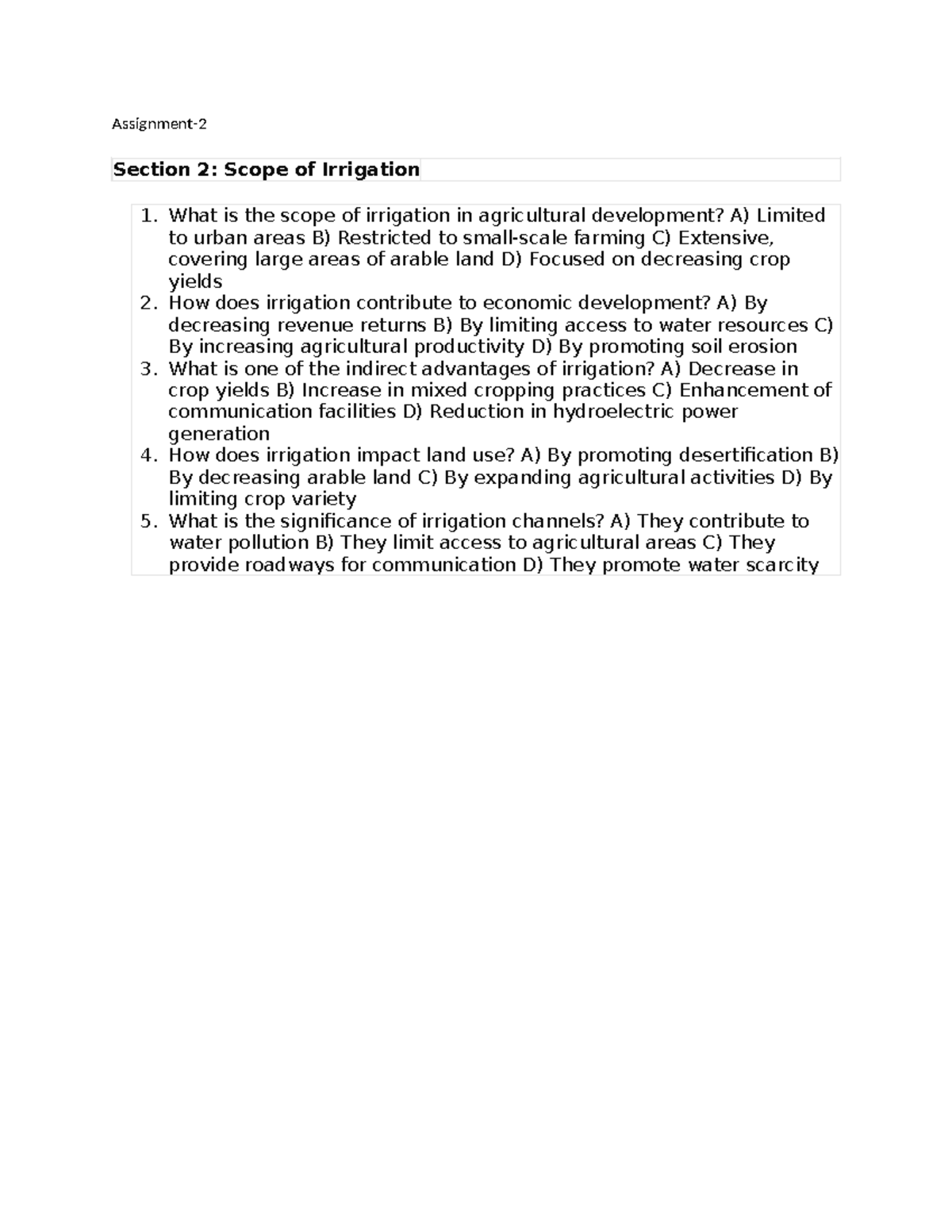 Assignment 2 - Assignment- Section 2: Scope of Irrigation 1. What is ...