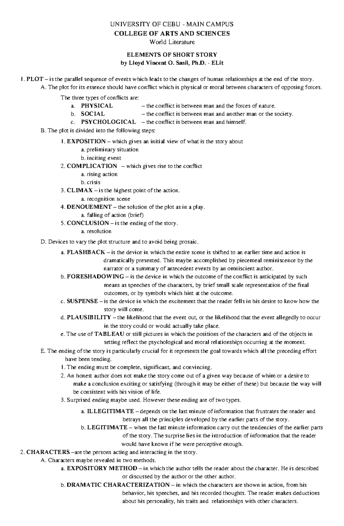 Elements of Short Story Notes for Lit 11 - UNIVERSITY OF CEBU - MAIN ...