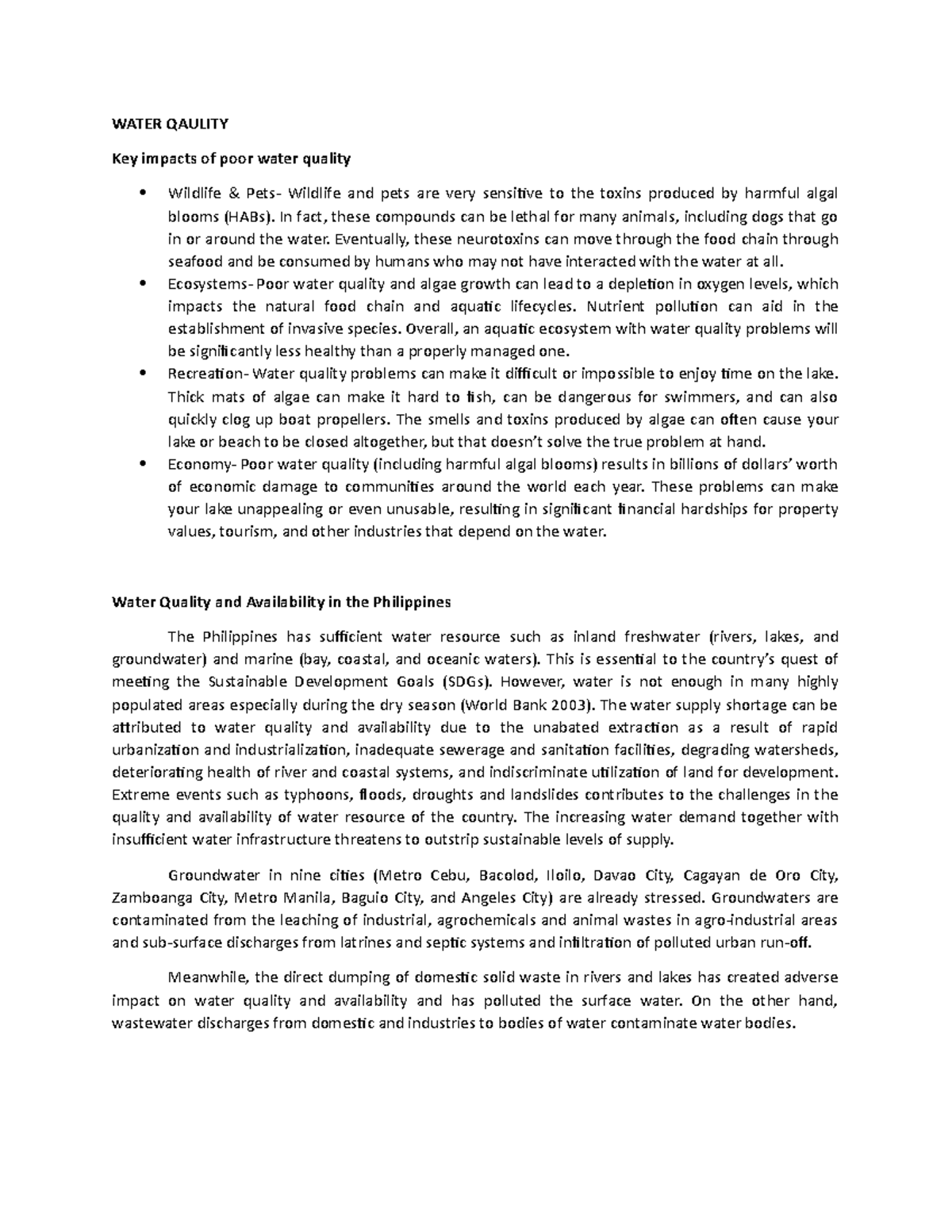 Water- Qaulity - WATER QAULITY Key impacts of poor water quality ...