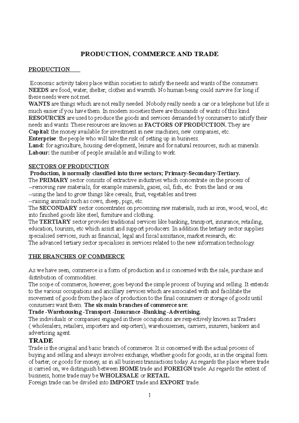 Production-1 - Appunti 1, 2 , 3 - PRODUCTION, COMMERCE AND TRADE ...