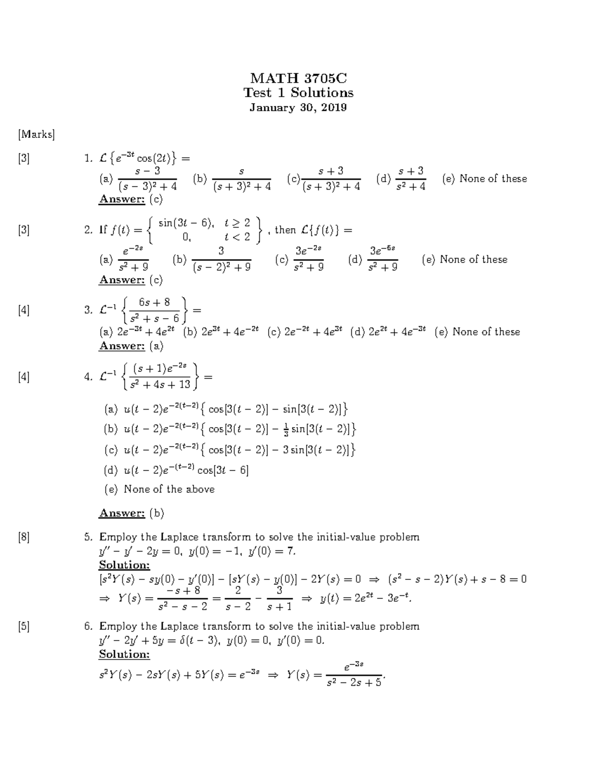Test 30 January 2019, questions and answers - MATH 3705C Test 1 ...
