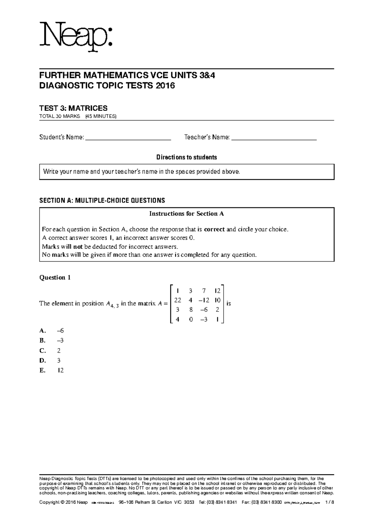 Further Maths Units 3&4 DTT3 – Matrices - FURTHER MATHEMATICS VCE UNITS ...