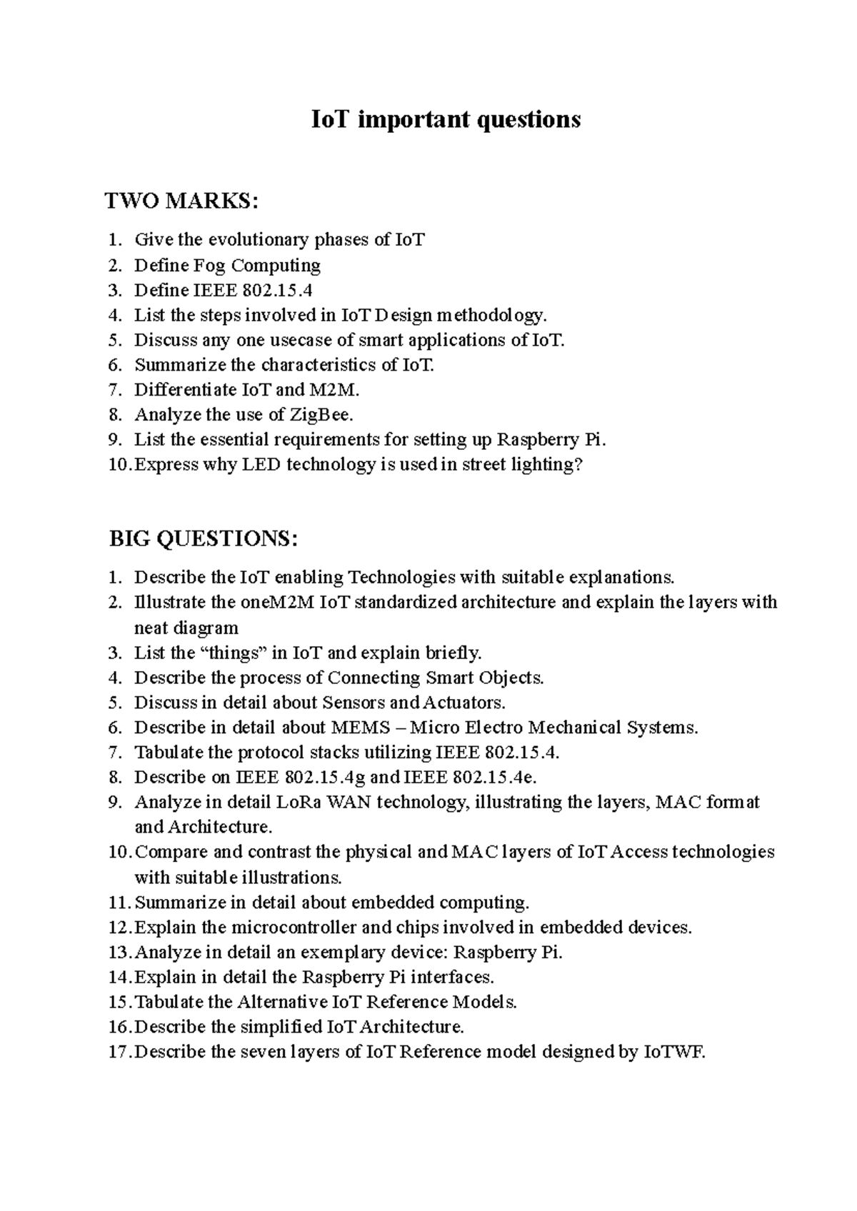 Io T important questions - IoT important questions TWO MARKS: Give the ...