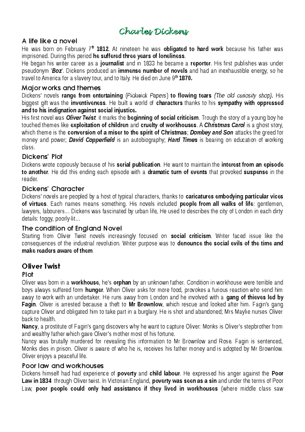 Dickens - Appunti dettagliati sull'autore, con estratti di testi ...